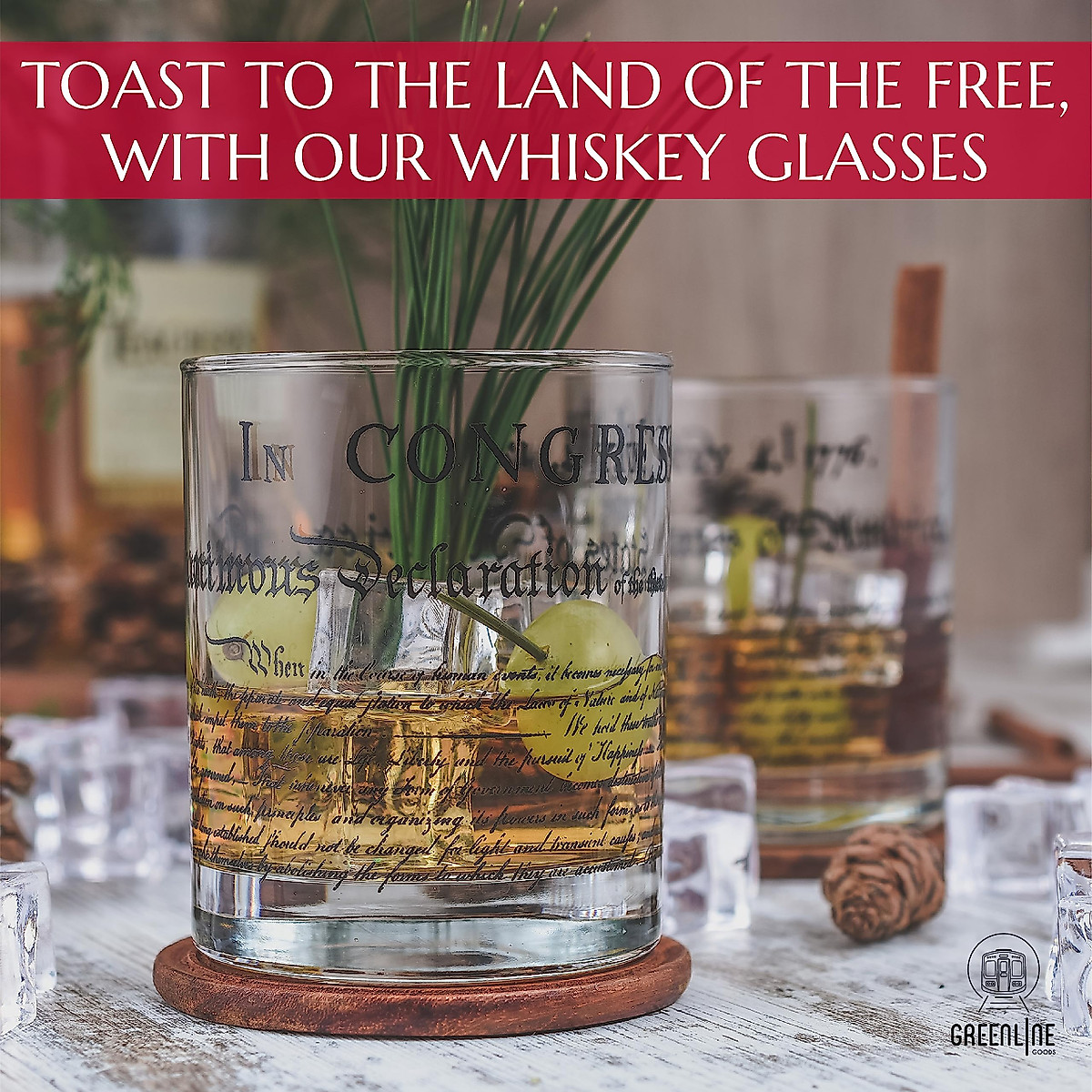Greenline Goods Whiskey Glasses - Declaration of Independence (Set of 2) | 10 oz Tumblers - American US Patriotic Gift Set | Old Fashioned Cocktail Glasses