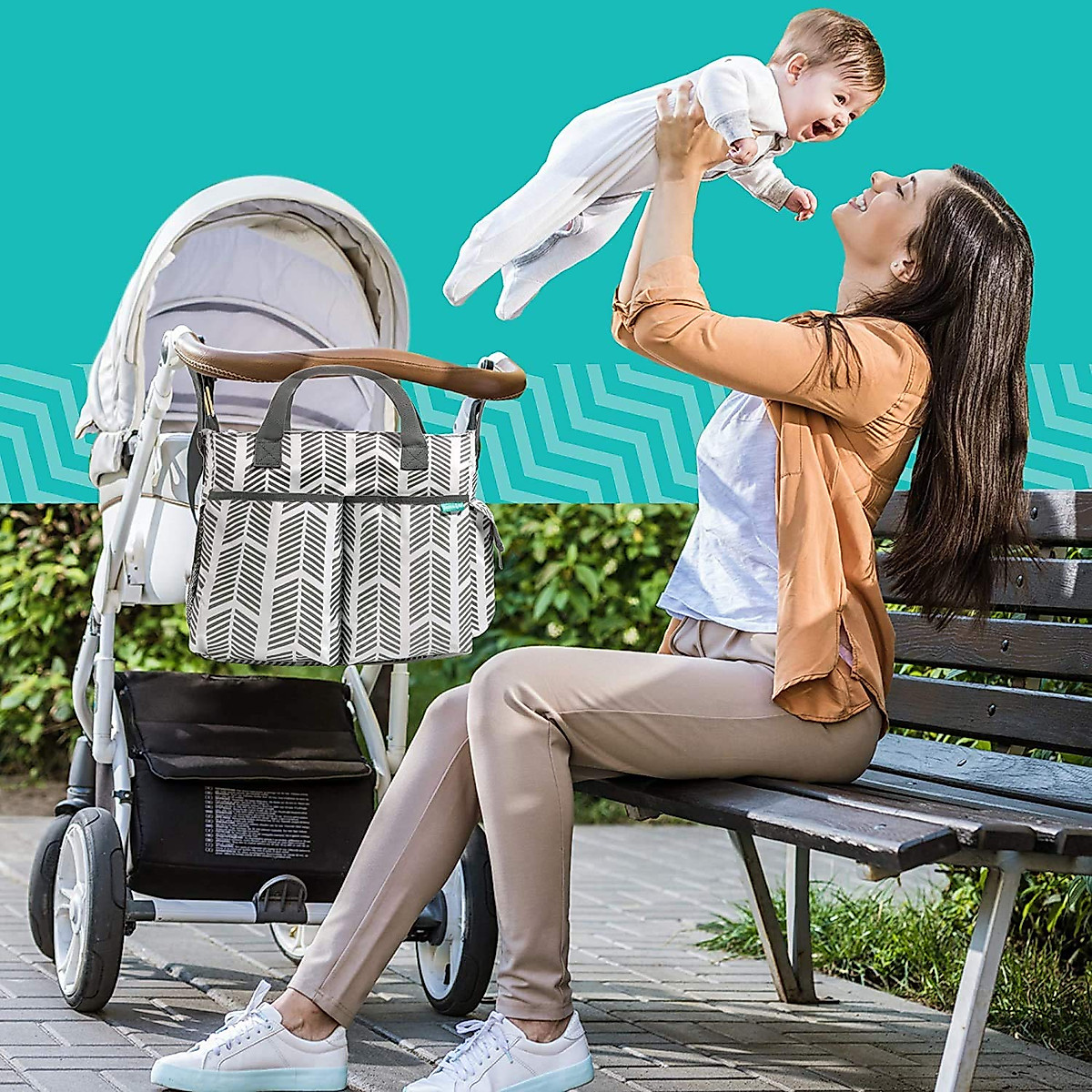 Diaper Bag/Breast Pump Tote Bag - Stylish Arrows, Functional Baby Stroller Organizer - Adjustable Stroller Strap - Eight Total Pockets - Easy to Clean - BONUS: Changing Pad