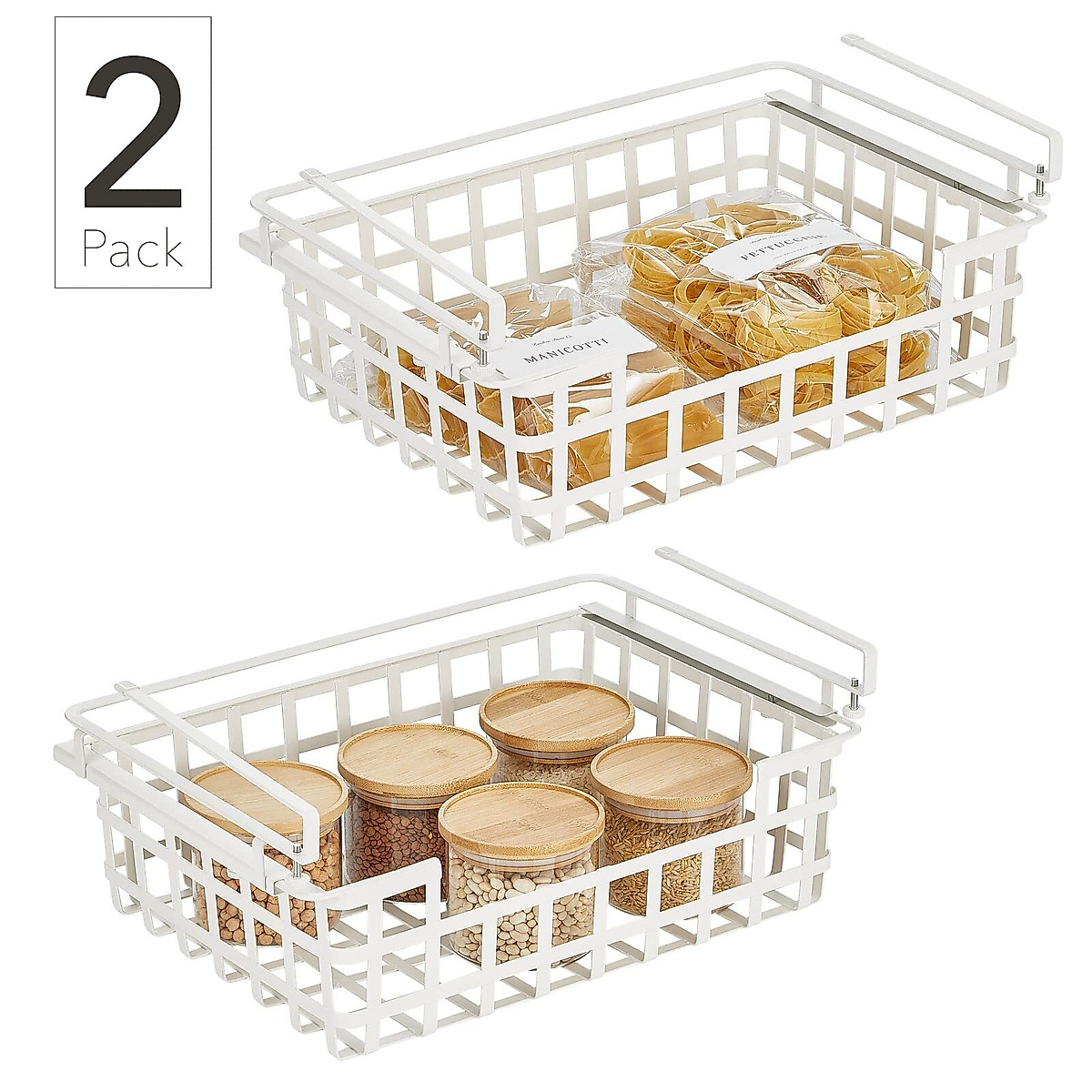 mDesign Nate Home by Nate Berkus Sliding Under Shelf Hanging Pull Out Organizer | Metal Wire Basket Organizer for Kitchen Cabinets or Pantry Shelves from mDesign - Set of 2, Matte White
