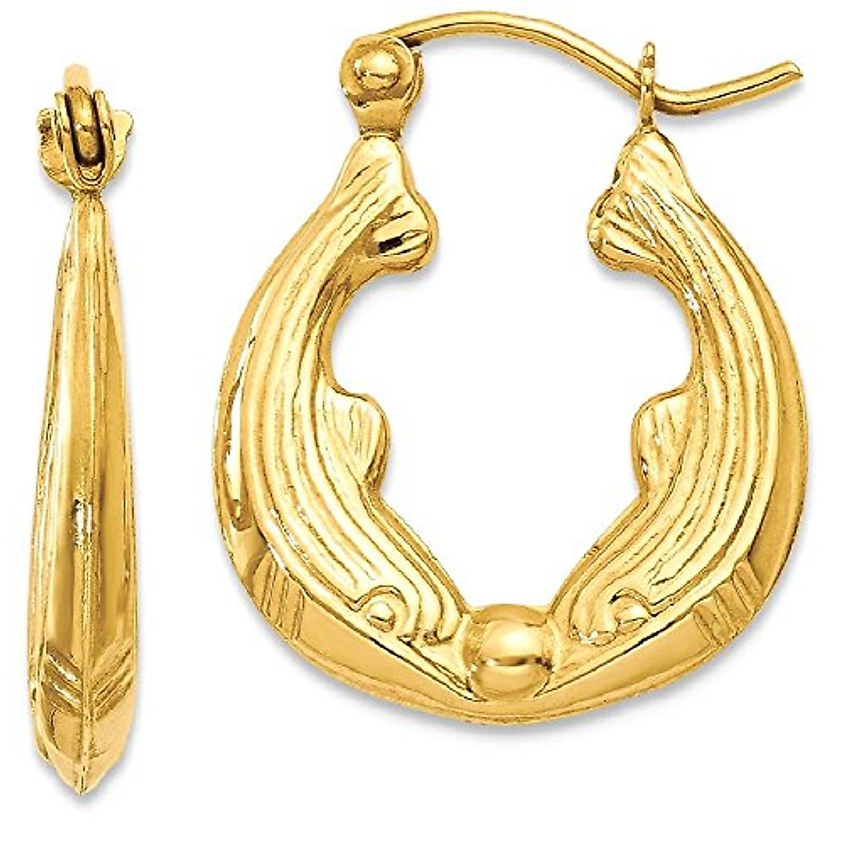 14K Yellow Gold Sea Dolphin Ocean Fish Beach Nautical Hoop Earrings