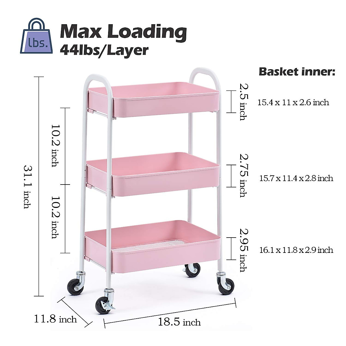 TOOLF 3 Tier Rolling Cart, No Screw Metal Utility Cart, Easy Assemble Utility Serving Cart, Sturdy Storage Trolley with Handles, Locking Wheels, for Classroom Office Home Bedroom Bathroom, Pink