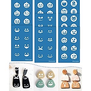 Puocaon Halloween Clay Silk Screen - 8 Pcs Reusable Silk Screen Stencils for Polymer Clay Jewelry Making, Individual Pattern Design for Halloween Theme on 8 Silk Screen Stencils, Polymer Clay Tools