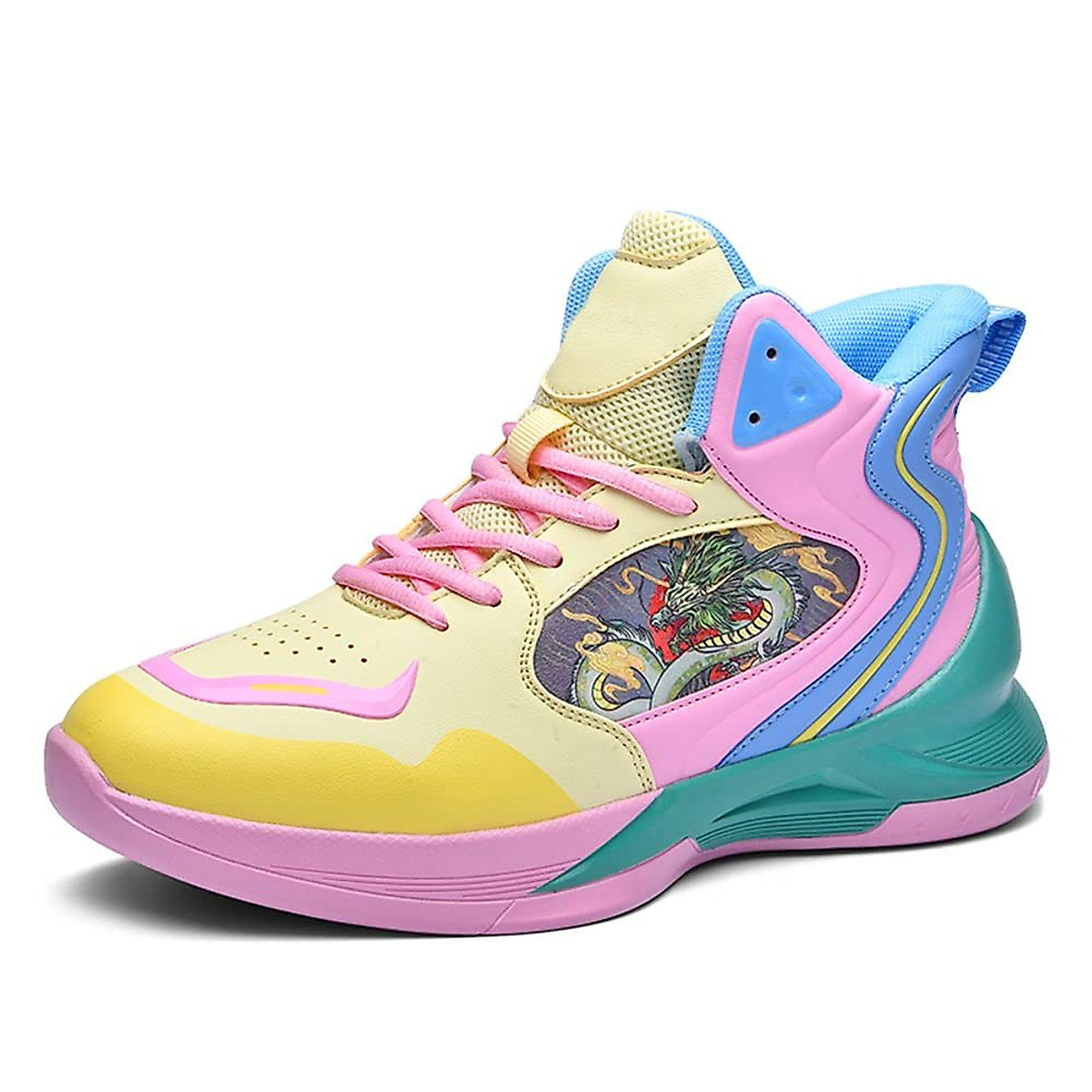 MAUGELY Men's High Top Sneakers Breathable Basketball Non Slip Student Youth Sports Leisure Shoes Pink 8/6.5 US