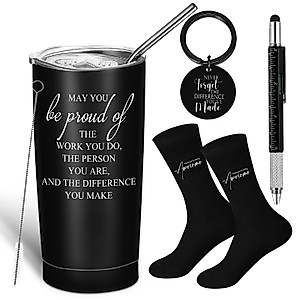 Gerrii Set of 4 Employee Appreciation Gifts for Men 20 oz Stainless Steel Tumbler with Lid Straw Thank You Socks Inspirational Keychain Metal Ballpoint Pen Birthday Thank You Gifts for Men(Black)