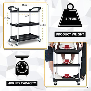 PELOEMNS Plastic Utility Carts with Wheels, Heavy Duty 480lbs Capacity Rolling Service Cart, 3-Tier Restaurant Food Cart with Hammer for Office, Warehouse, Garage (Lockable Wheels, Black)