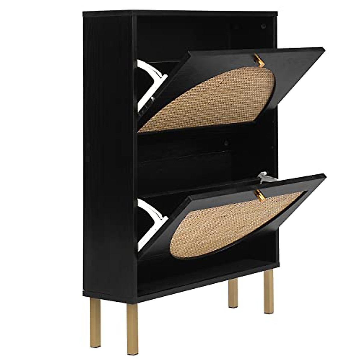 Angel Sar Rattan Shoe Cabinet with 2 Flip Drawers, Slim Narrow Wood Shoe Storage Cabinet, Organizer for Entryway, Hallway, Bedroom, Apartment(Up to Women’s 9.5, Men’s 8.) Black