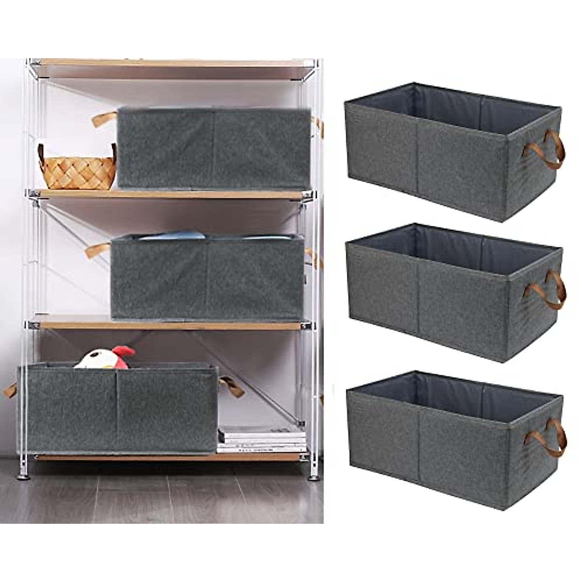 Pack of 3 Large Capacity Storage Bins Closet Organizer System, Sturdy Foldable Storage Boxes for Organizing Clothing, Sheets, Toys, Books - Shelf Organizer Shelves Basket Storage Bin