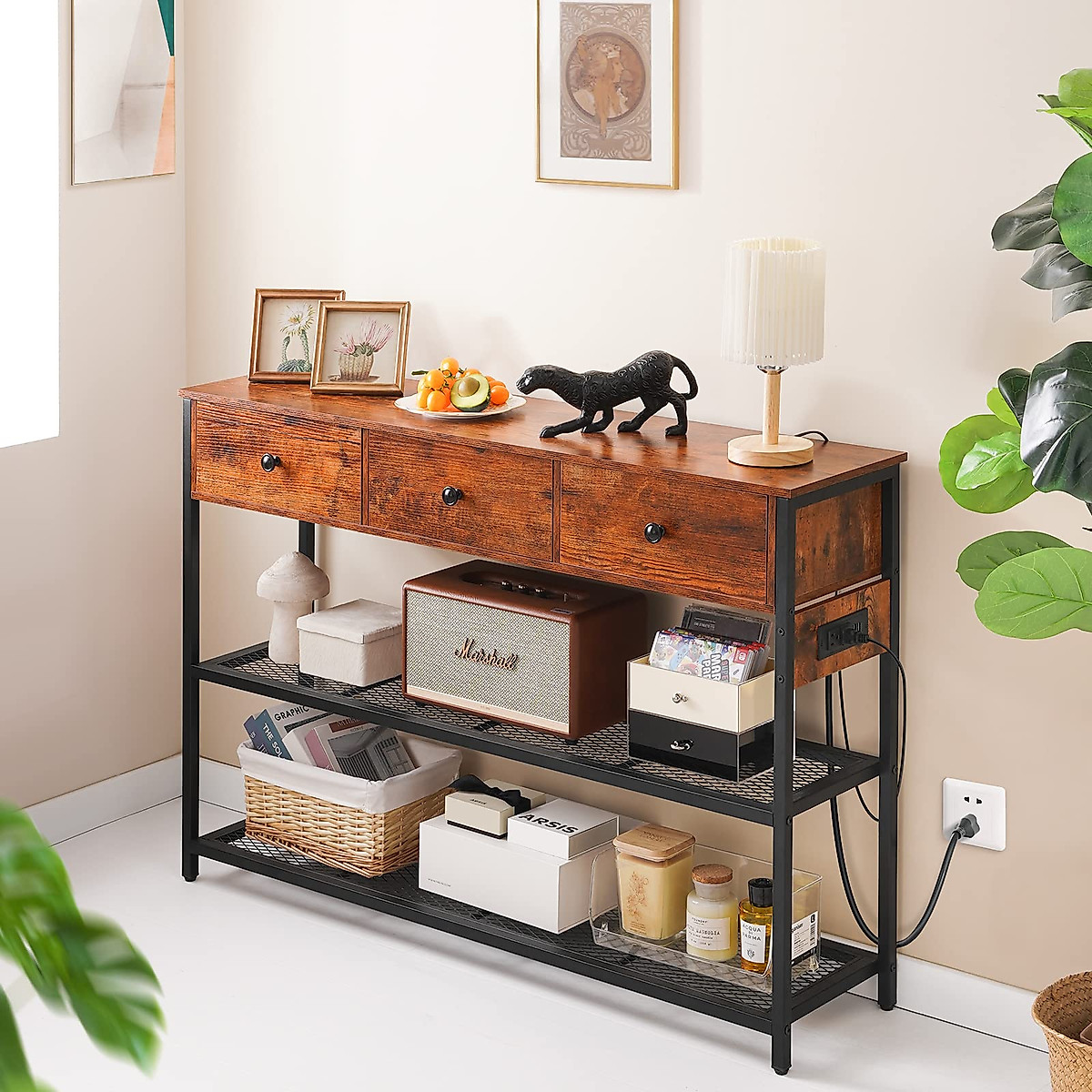 Yoobure Console Table with 3 Drawers, 47" Entryway Table with Storage Shelves, Narrow Long Sofa Table with Outlets & USB Ports, 3-Tier Entry Table, Couch Table for Living Room, Hallway, Foyer, Hall