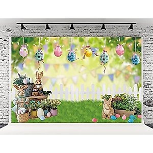 7X5ft Spring Garden Background Easter Photography Backdrop Easter Rabbit Colorful Egg Fence Flag Background Spring Easter Floral Bokeh Photo Studio Booth