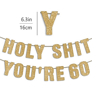 JunyRuny Gold Glitter 60th Birthday Banner, 60th Birthday Party Decorations for Men/Women, 60th Birthday Decorations for Him/Her, Happy 60th Birthday Sign, Funny 60th Birthday sign