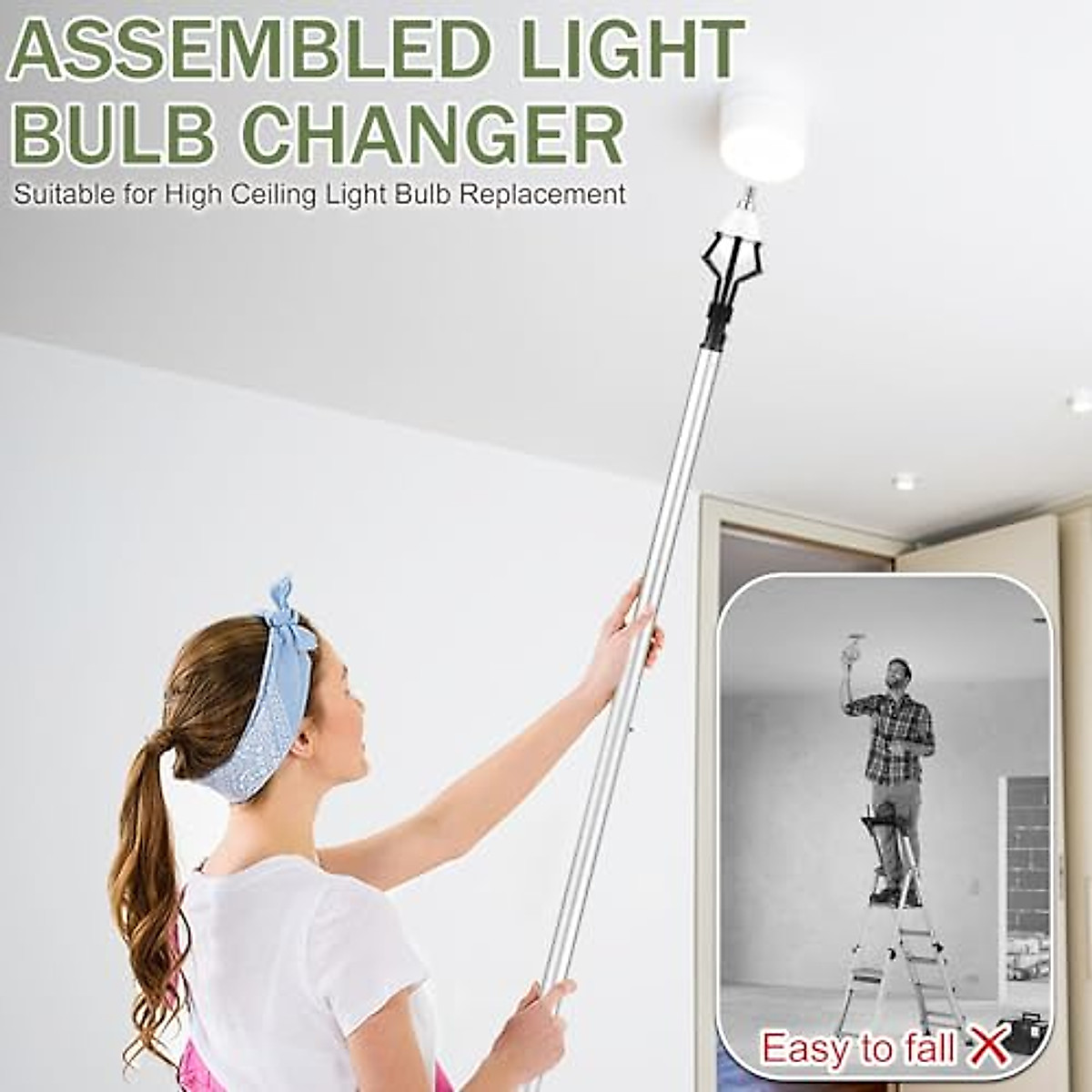 BEWITU Light Bulb Changer for High Ceilings,High Ceiling Light Bulb Changer with Pole,12 FT Light Bulb Changer with Baskets and Suction Cup,Light Bulb Extension Pole Changer