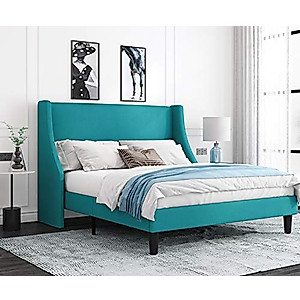 Allewie Queen Bed Frame, Platform Bed Frame Queen Size with Upholstered Headboard, Modern Deluxe Wingback, Wood Slat Support, Mattress Foundation, Peacock Green