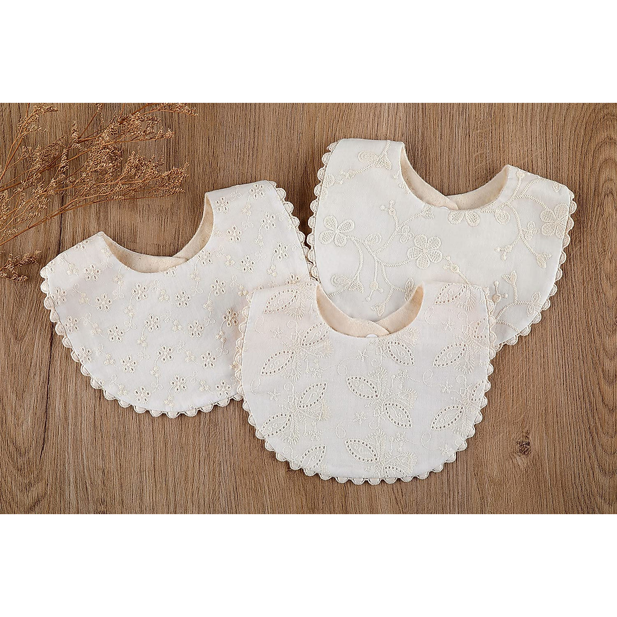 GZMM Baby Bib For Girls,Reversible Waterproof Handmade Natural Cotton Baby Drool Bib 0-12 months 2 Pack (off-white color A, 0-12 months)