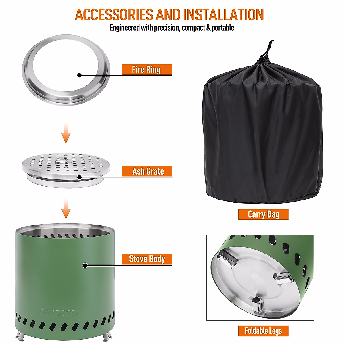 COOZOOM Green Portable Table Top Fire Pit: 10''x8.6''Stainless Steel Mini Outdoor StoveWith Stand,Low Smoke Burning Tabletop Firepit Fueled by Pellets orWood,for Urban & Suburbs