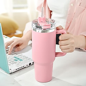 FECBK 40 oz Tumbler with Handle and Straw, 100% Leak-Proof Travel Mug, Stainless Steel Double Wall Vacuum Insulated Coffee Cup Keeps Cold For 34 Hours, Dishwasher Safe, Beige