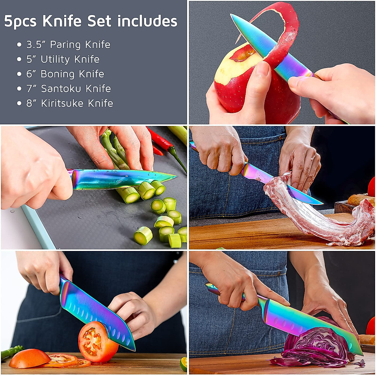 WELLSTAR Rainbow Knife Set 5 Piece, Razor Sharp German Stainless Steel Blade with Iridescent Titanium Coated, Kiritsuke Santoku Boning Utility Paring for Kitchen Cutting Dicing Filleting and Peeling