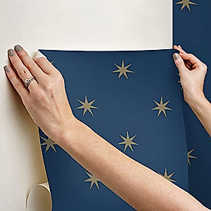 Erin & Ben Co. PSW1451RL Navy and Metallic Gold Star Splendor Premium Peel and Stick Wallpaper Blue