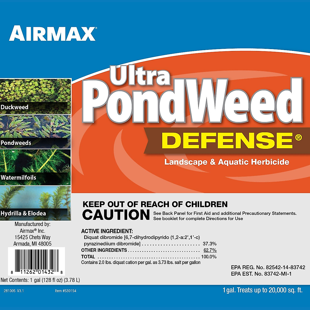 Airmax Ultra Pondweed Defense Aquatic Weed & Plant Killer, Easy Spray Application to Clean & Clear Large Pond & Lake Water, Liquid Treatment Control Concentrate, Fish Safe, 1 Quart