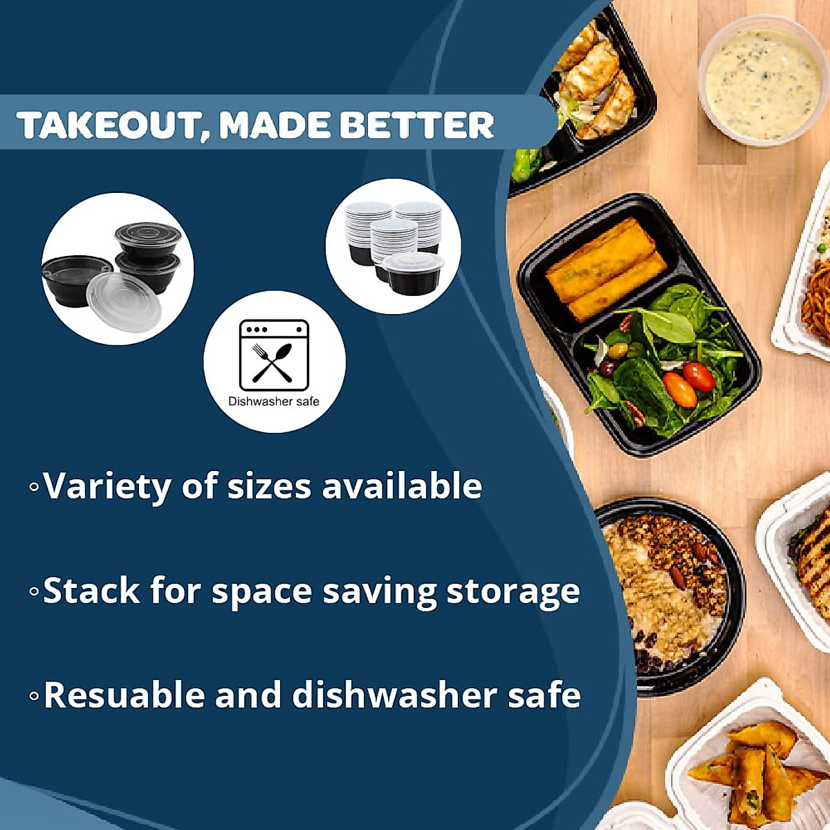 TIYA Food Takeout Bowls - Black Plastic Storage To-Go Containers - Reusable Microwavable Dishwasher Safe Restaurant Bowls - Leak Resistant for Soups & Meal Prep (42 oz Bulk 120 Pack with Clear Lids)