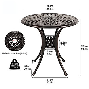 COBANA Patio Bistro Table, 31’’ Round Cast Aluminum Outdoor Dining Retro Side Table with 2’’ Umbrella Hole, Bronze