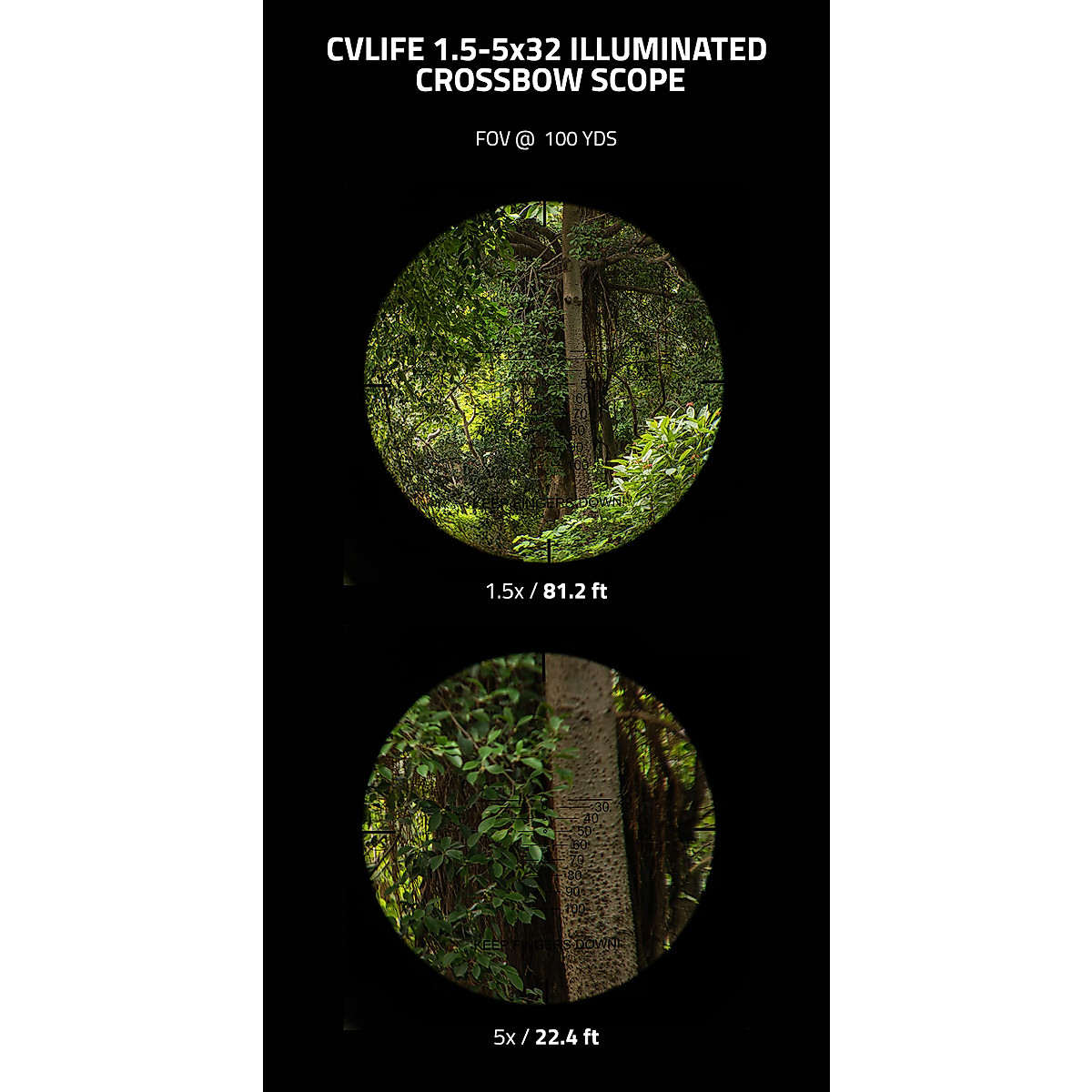 CVLIFE 1.5-5x32 Crossbow Scope, 20-100 Yards Ballistic Reticle, 300-450 FPS Red Green Illuminated Optic Crossbow Scope for Hunting