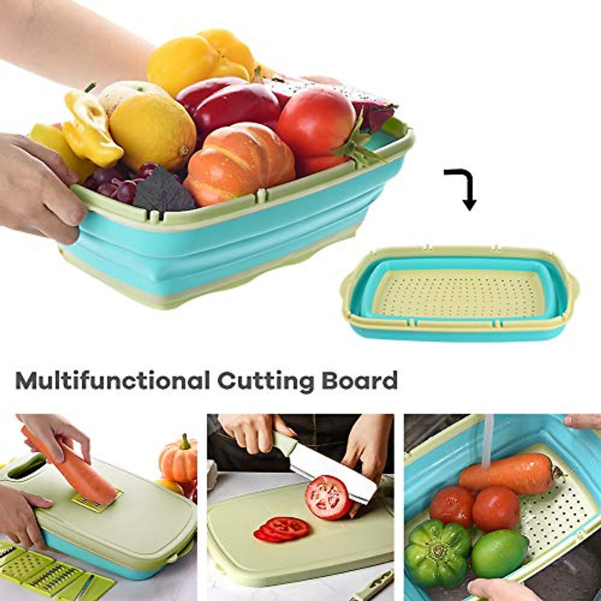 Collapsible Cutting Board, HI NINGER Foldable Chopping Board with Colander, 9-In-1 Multi Chopping Board Kitchen Vegetable Washing Basket Silicone Dish Tub for Camping, Picnic, BBQ, Kitchen-Green
