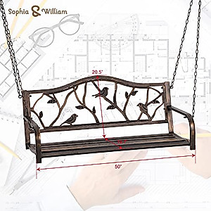 Sophia & William Outdoor Porch Swing Chair Hanging Patio Metal Bench Heavy Duty Swing Garden Bench with Bird Pattern Backrest, 450lbs Weight Capacity