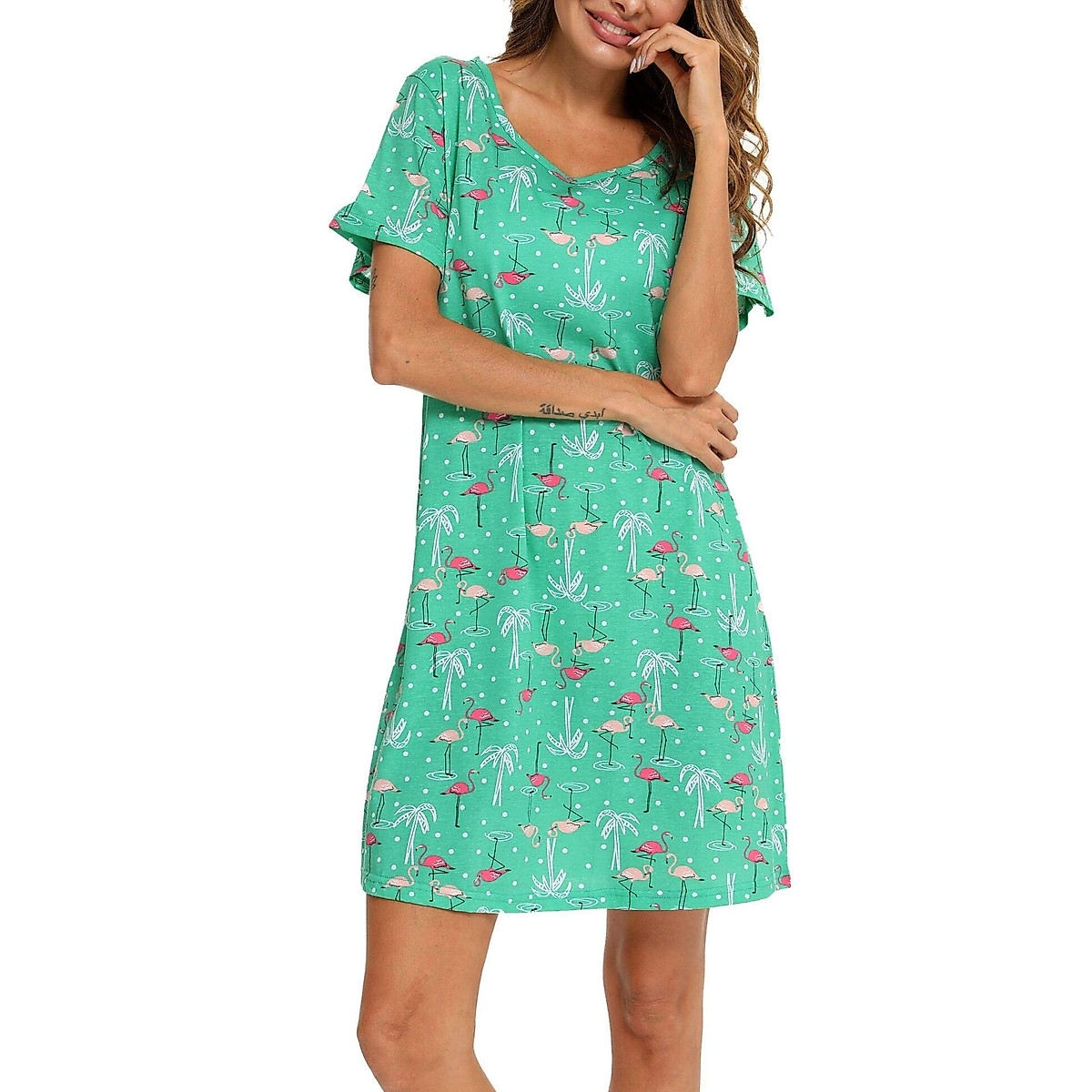 ENJOYNIGHT Womens Nightgowns Cotton Sleepwear Plus Size Sleep Shirts Short Sleeves Nightshirt Print Sleepshirt (Medium, Flamingo)