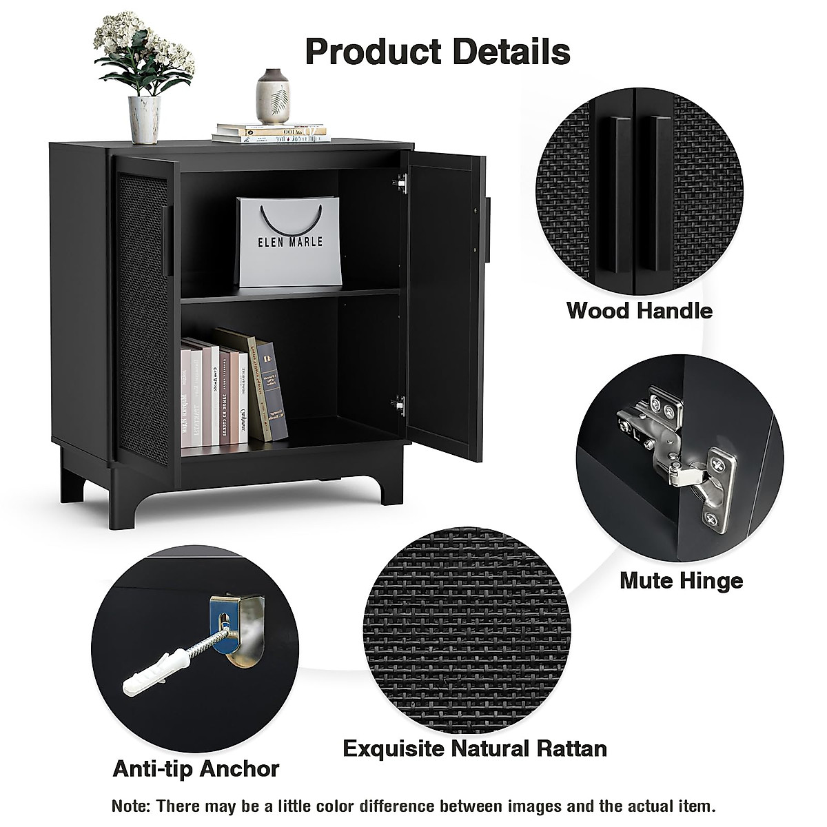 Anmytek Black Rattan Storage Cabinet with 2 Doors, Adjustable Shelf, Large Space - Entryway Hallway Cabinet, Sideboard Buffet for Living Room, Kitchen H0095