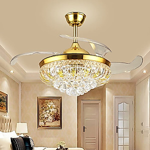 Lighting Groups 42" Invisible Crystal Black Ceiling Fans with 5 Light Bulbs Remote Control 4 Retractable Blades Bedroom Diningroom Fan Chandelier Indoor Ceiling Light Kits with Fans (42 Inch, Black F)