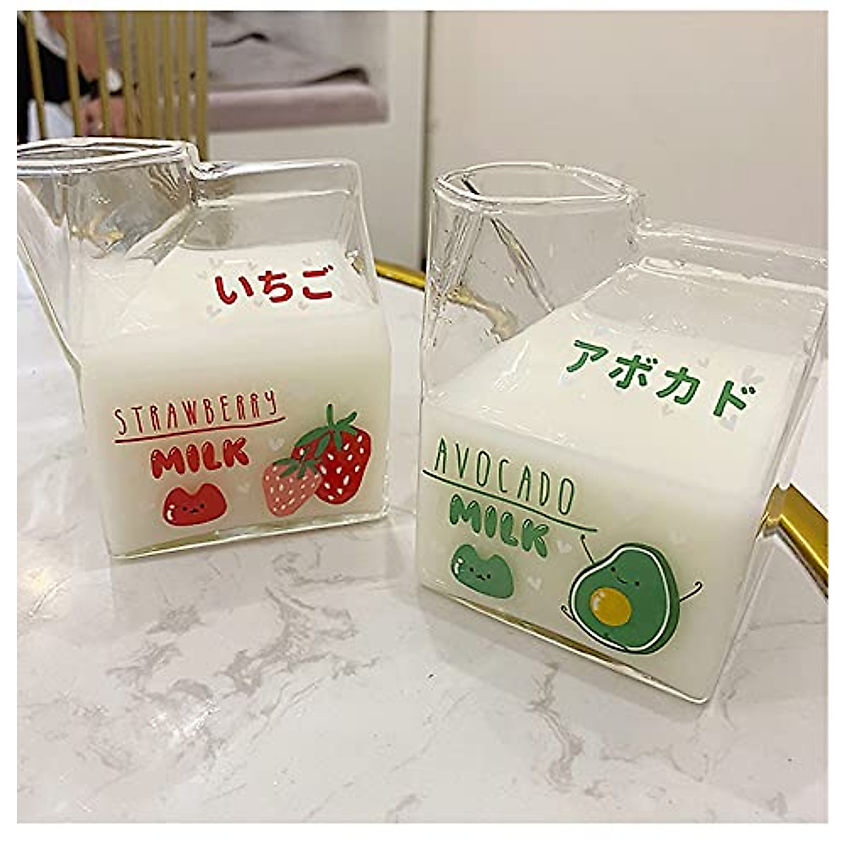 YYSS 380ml Kawaii Milk Glass Cup Creative Square Clear Milk Carton Water Bottle Wholesale Cute Fruit Heat Resistant Breakfast Cups (Peach, 300-400ml)
