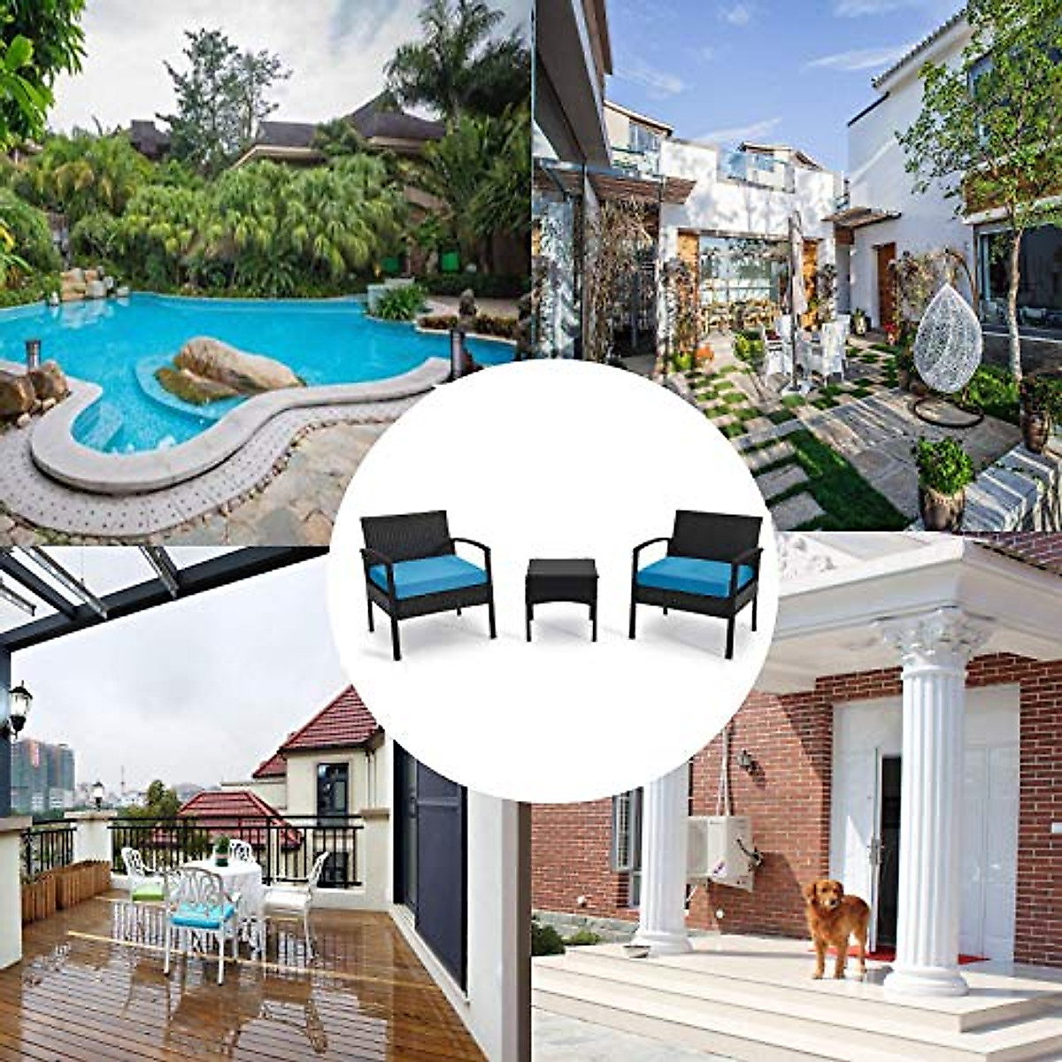 HOMEZILLIONS Outdoor Furniture 3 Piece Patio Set Balcony Furniture Outdoor Bistro Set Wicker Chair for Balcony Backyard Porch with Table and Cushions Blue