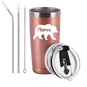GINGPROUS Mama Bear Travel Tumbler, Mother's Day Gifts for Best Mom Mother Birthday Christmas Thangksgiving Gifts, Stainless Steel Insulated Travel Tumbler with 2 Lids and Straws, (20 Oz, Rose Gold)