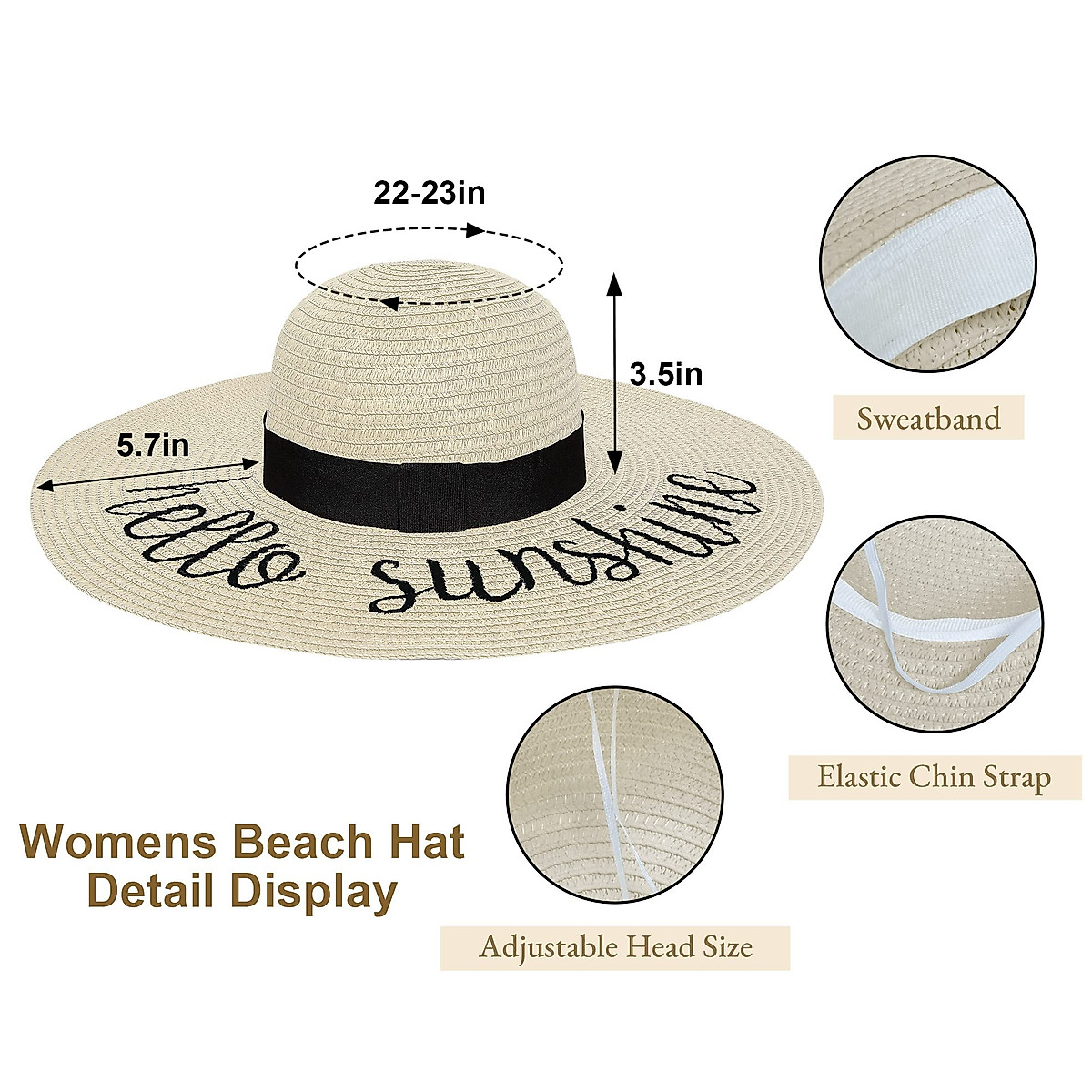 Beach Hats for Women - Foldable Straw Hat Embroidered Wide Brim Floppy Sun Hat UPF 50+, Honeymoon, Travel, Cruise White