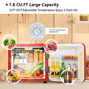 COSTWAY Compact Refrigerator, 1.6 cu ft. Single Door Small Fridge with Adjustable Temperature 32℉ to 50℉, Auto Defrost, Reversible Door, Removable Glass Shelves, Mini Fridge for Bedroom (Red)