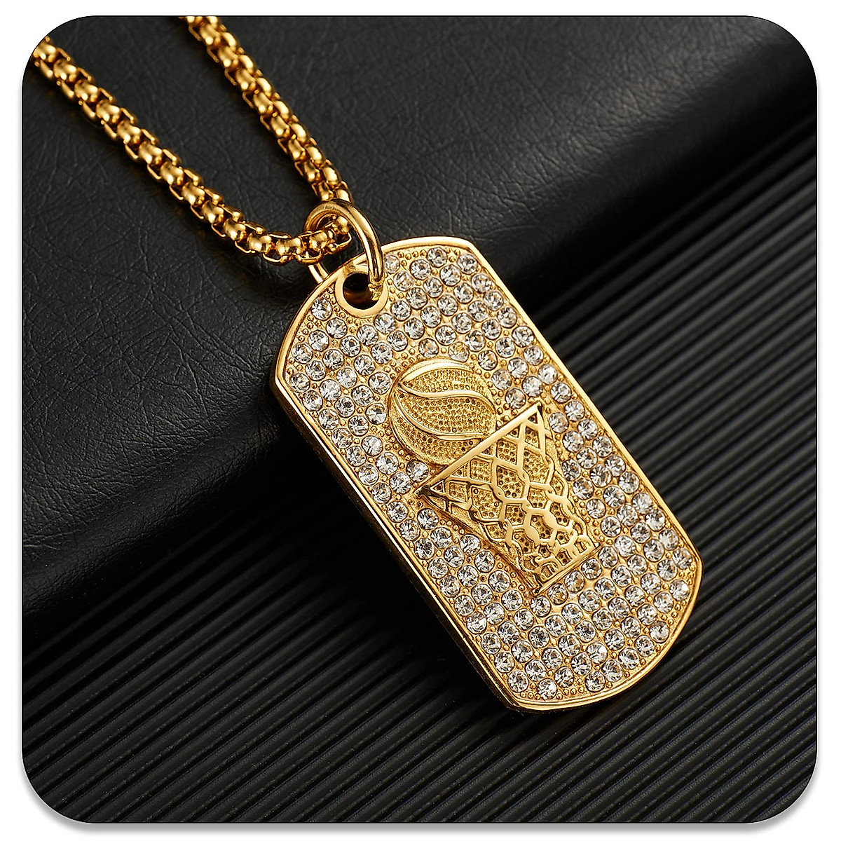 PEAS 18K Gold Plated Jewelry Basketball Hoop Dog Tag Pendant Iced Out Crystal Necklace,22" Box Chain