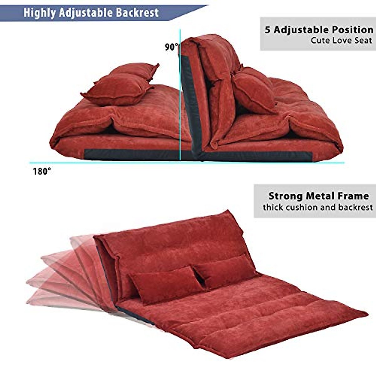 SYING88 Lazy Floor Sofa Adjustable Folding Futon Sofa Video Gaming Sofa with Two Pillows，Sleeper Bed Couch for Adults，for Bedroom Living Room Reading Gaming Small Spaces Apartment (Red)