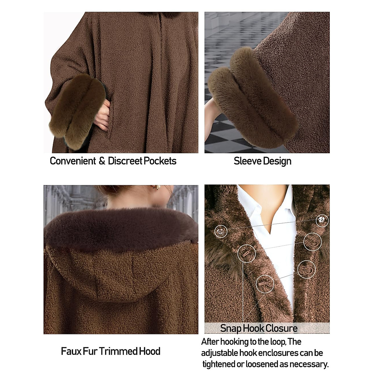 Dahlia Women's Winter Poncho Cape – Luxurious Faux Fur-Trimmed, Shed-Free, Silky Touch, Fleece-Lined Elegant Cloak, Black Large