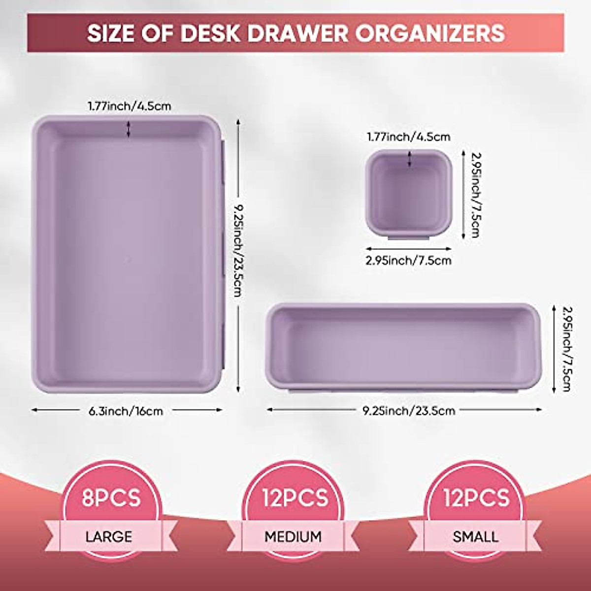 Purpeak 32 Pcs Desk Drawer Organizer Office Organization Tray Versatile Vanity Organizer with Nonslip Pads Makeup Organizer for Divider Drawer Storage Box Container for Kitchen Bedroom (Purple)