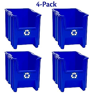 READYSPACE Commercial Industrial Heavy Duty Stackable Open-Front Recycling Bin Box Containers, 7 Gallon, 4 Pack, Blue