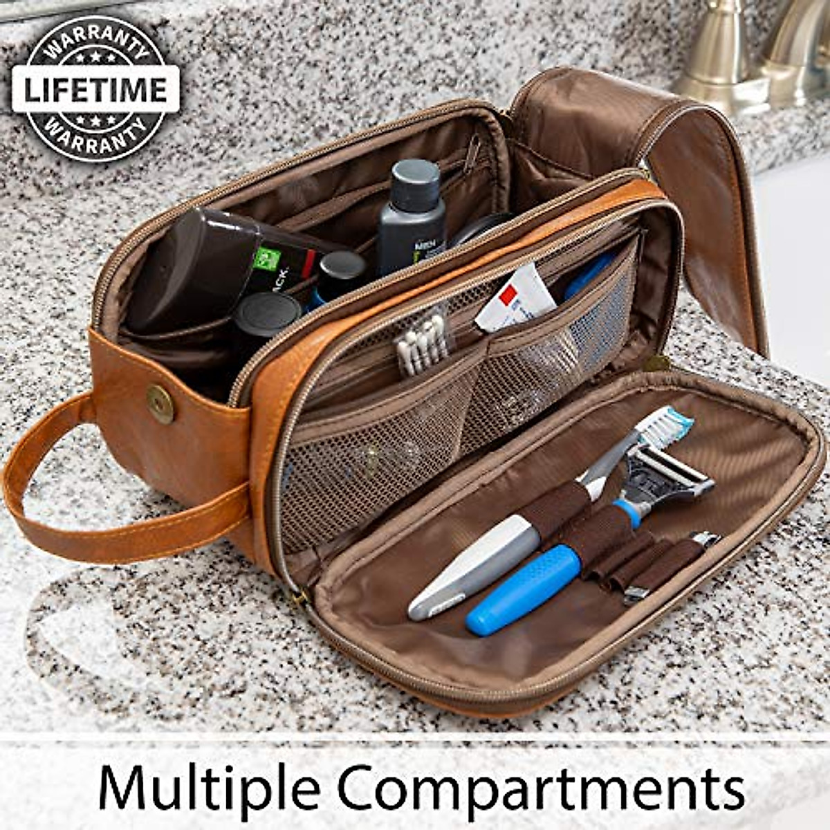 QS Toiletry Bag for Men or Women - Dopp Kit For Travel. Large Cosmetic and Bathroom Shaving Bag. Toiletry Organizer PU Leather USA (Medium, Brown)