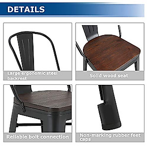 LSSBOUGHT Tolix Style 26 Inches Metal Counter Stools with Wood Seat and Backrest Indoor-Outdoor Use Stackable Bar Stools Set of 2 (Black)