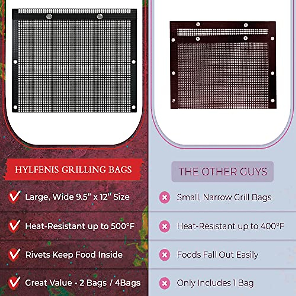 Hylfenis BBQ Mesh Grill Bags for Outdoor Grill, 2PACK Non-Stick Mesh Bags for Grilling,12 x 9.5Inch, 8.66 x 10.6 Inch-Charcoal,For Pellet Smoker BBQ Grilling