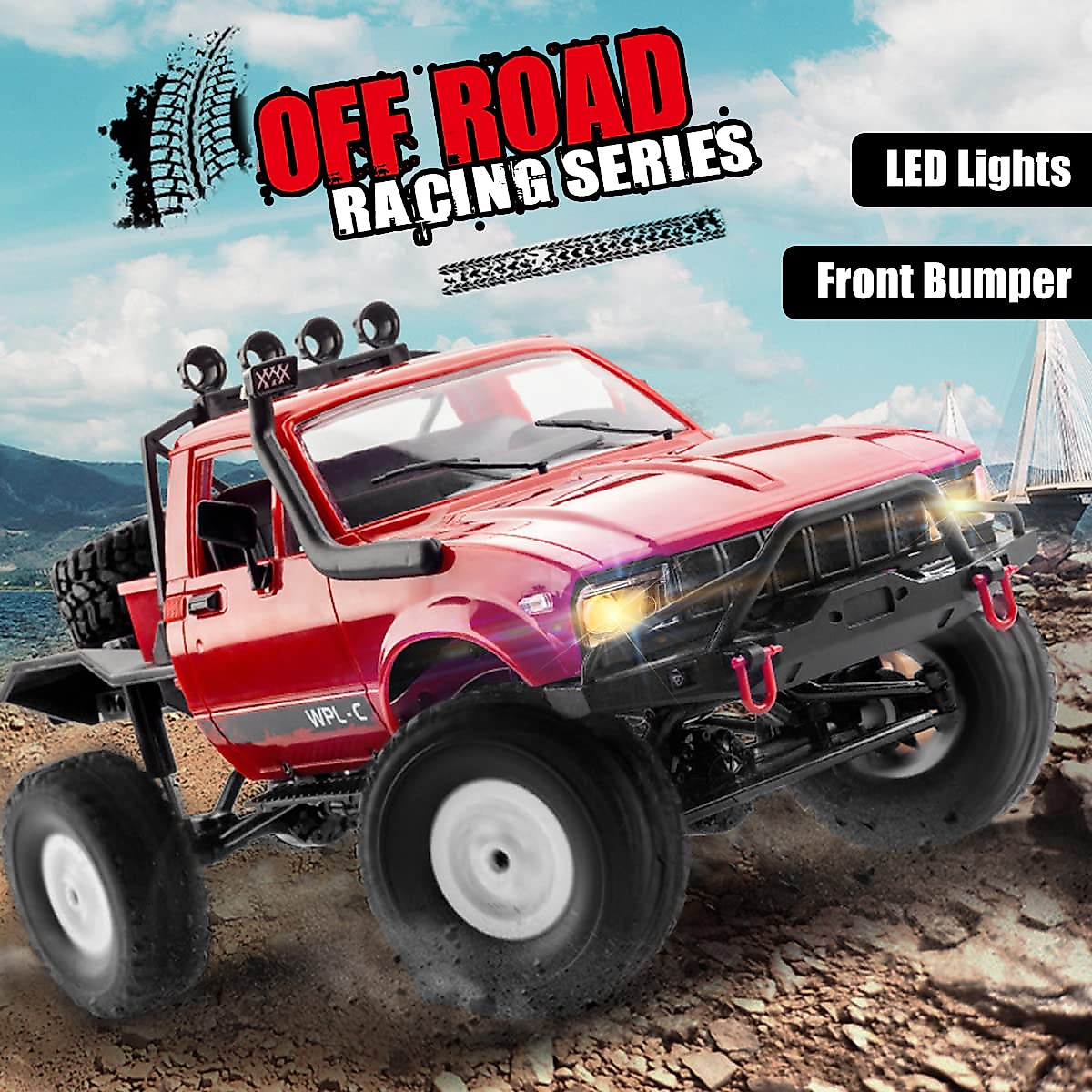 Losbenco RC Crawler 1/16 Scale RC Rock Crawler, WPL C14 All Terrain RC Car RTR 4x4 Off-Road Remote Control Trucks with LED Lights and Two Batteries for Kids and Adults
