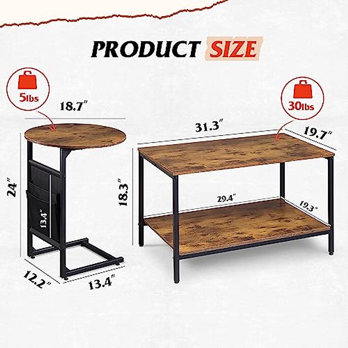 WLIVE Coffee Table, 2 in 1 Design Nesting Coffee Table with Side Pouch for Living Room, Small Round and Rectangular Living Room Table Set, Metal Frame and Wood Desktop,Easy Assembly, Rustic Brown