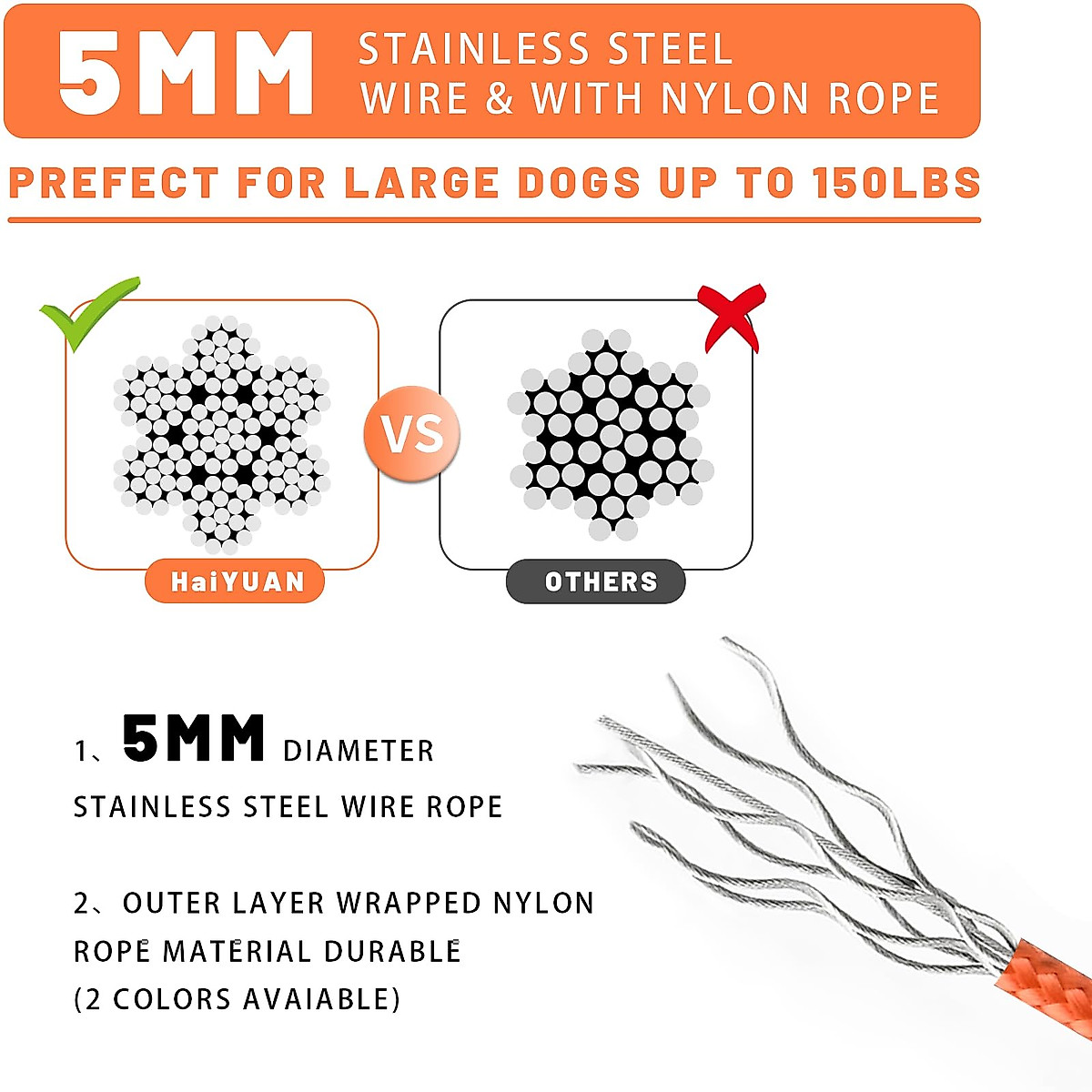 HaiYUAN Dog Tie Out Cable 10/15/20/30FT Dog Run Cable Orange/Grey Tie Out Cable for Dogs with Reflects Light Dog Cable for Large Dogs Heavy Duty for Outside Hold Large Dogs Up to 100LBS