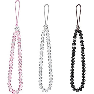 3 Pieces Cell Phone Lanyard Strap Phone Charm Bling Crystal Beads Hand Wrist Lanyard Strap Beaded Women's Wristlet(Black, White, Pink)
