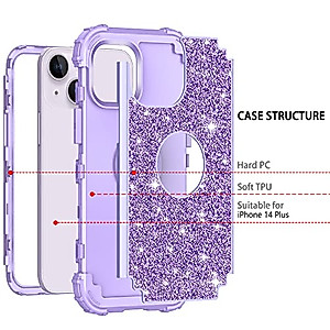 LONTECT for iPhone 14 Plus Case Glitter Sparkly Bling Shockproof Heavy Duty Hybrid Sturdy High Impact Protective Cover Case for Apple iPhone 14 Plus, Shiny Purple