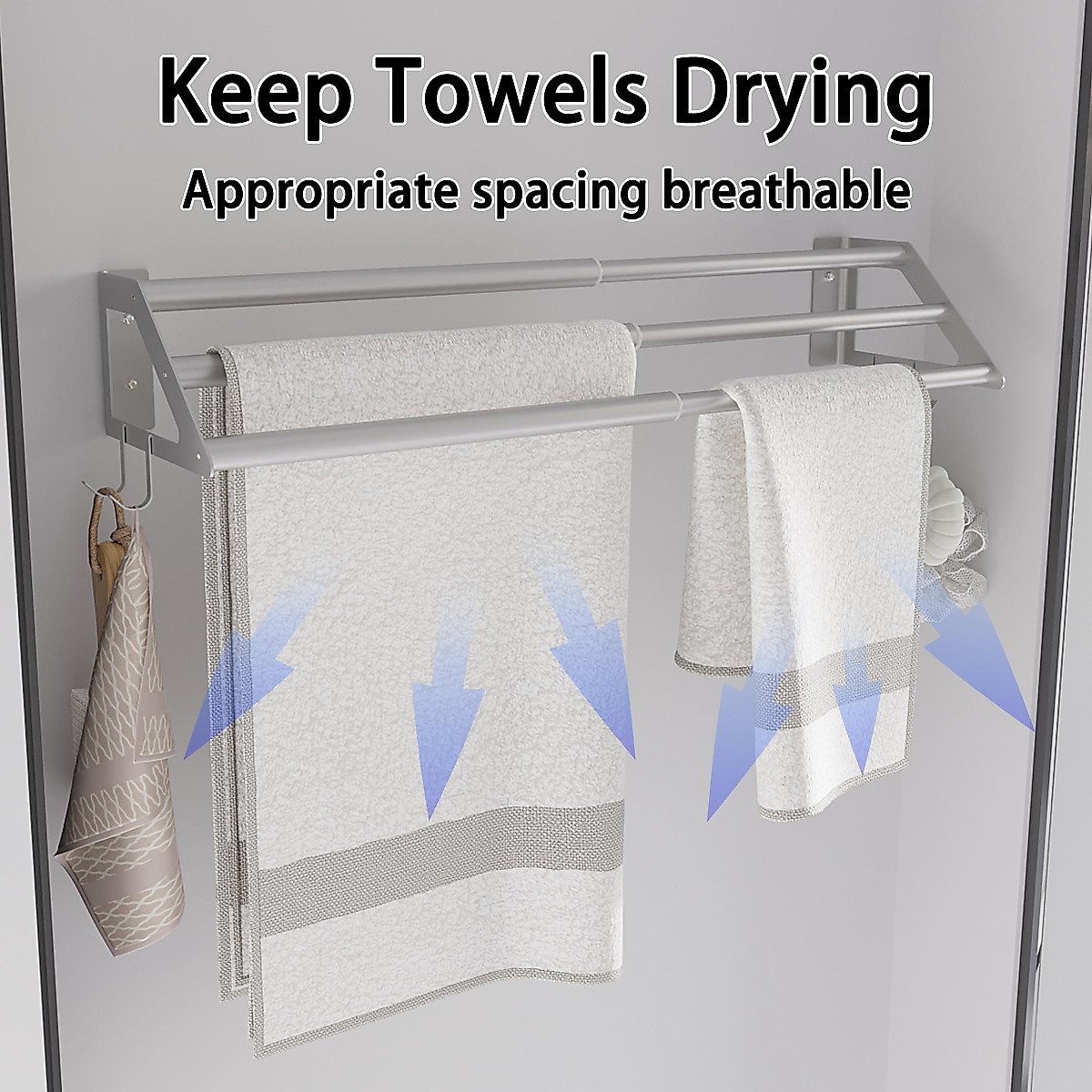 13.5-24 Inch Adjustable Towel Rack with Adhesive Wall Screws for Bathroom, Wall Mount Towel Bar Holder, Bath Towel Shelf Hanger with Movable Hooks, 3-Tiers Ladder Towel Rails, SUS 304 Stainless Steel