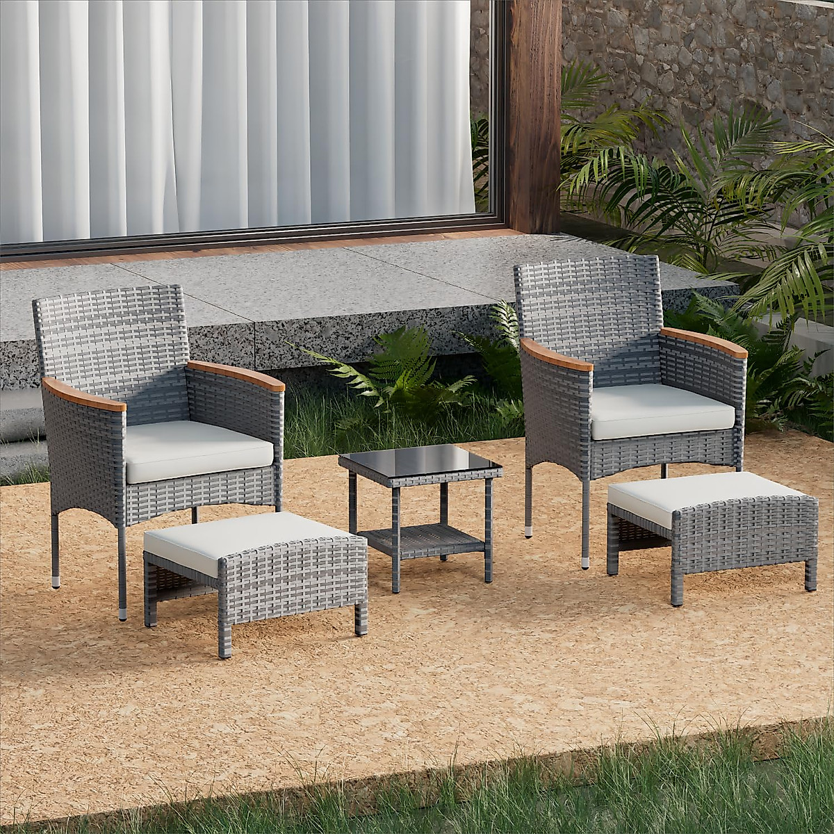 YEEFY Outdoor Patio Furniture Set with Table & Ottoman 5 Piece Patio Conversation Sets Wicker Patio Set for 2 Outdoor Furniture Sets for Yard Backyard Lawn Porch Poolside Balcony, Grey